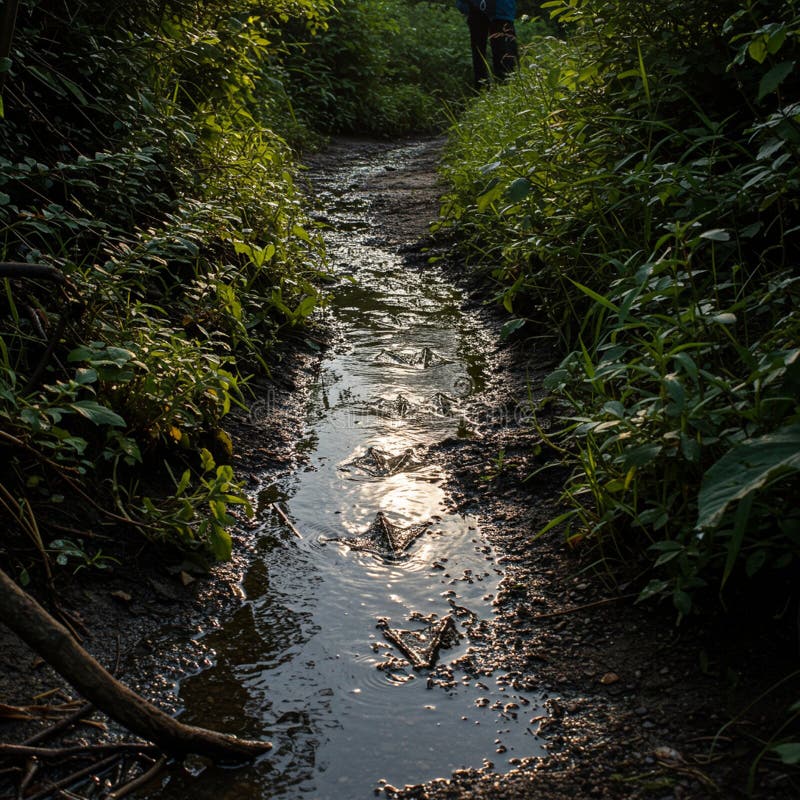 A Narrow, Muddy Path Winds through Dense Greenery, Bordered by Lush ...