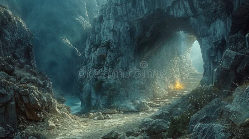 Through a Narrow Opening in the Rocky Cliff a Glimpse of a Hermits Cave ...