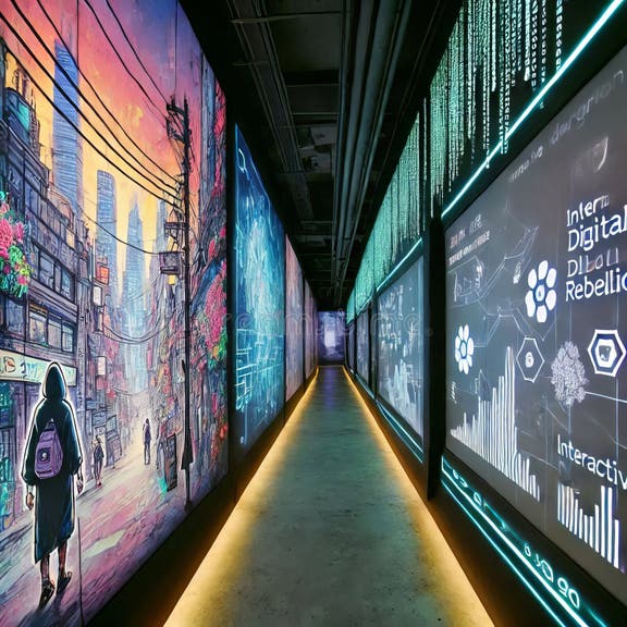 A Narrow Passage Lined with Data Panels and Interactive Neon Gr Stock ...