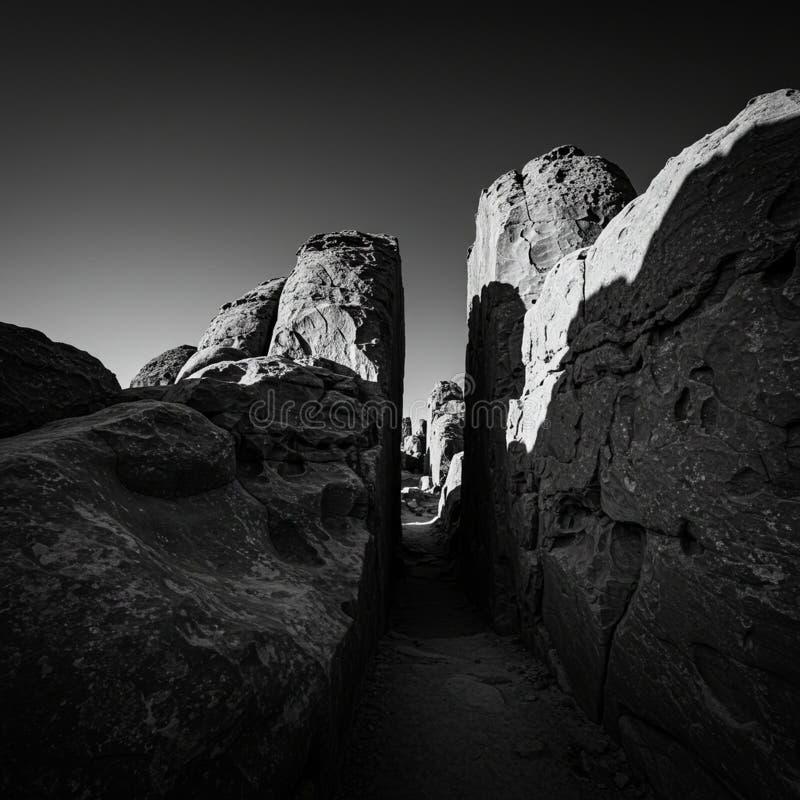 Narrow Passageway between Towering Rock Formations in a Black-and-white ...