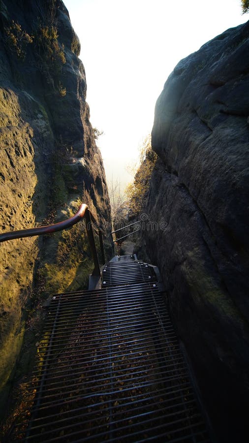 Narrow Path with Stairs between Rocks Stock Image - Image of shine ...