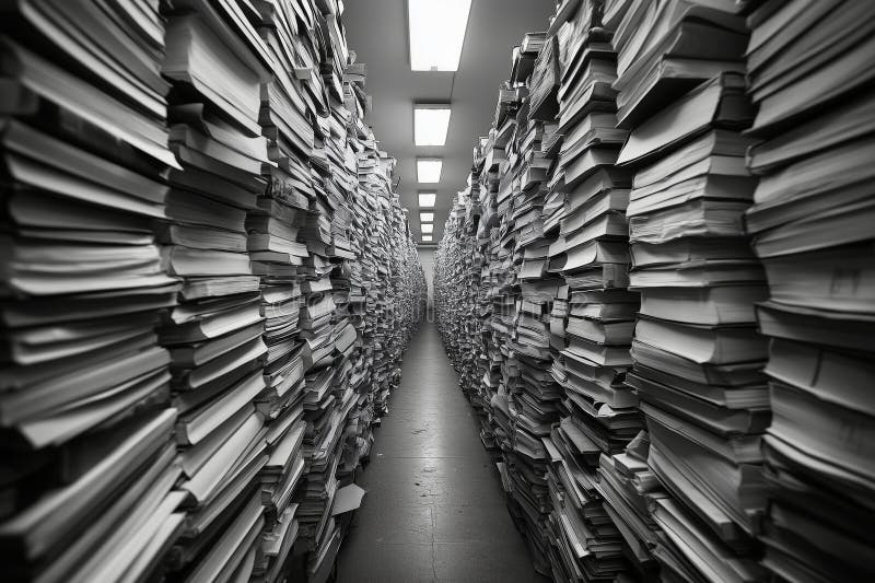 A Narrow Path between Towering Stacks of Books in a Dimly Lit Library ...