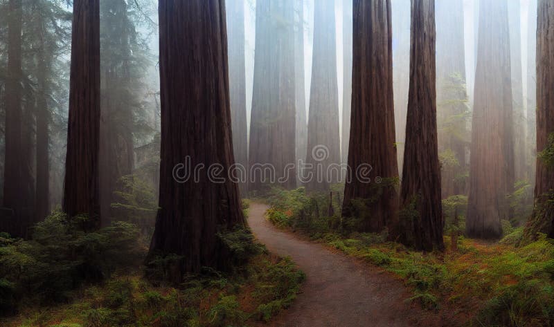 Narrow Path Wanders between Thick Tree Trunks Sequoia Forest Stock ...