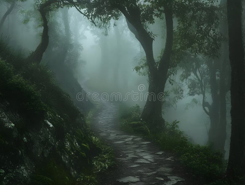 A Narrow Path Winding through a Misty Ancient Forest Stock Illustration ...