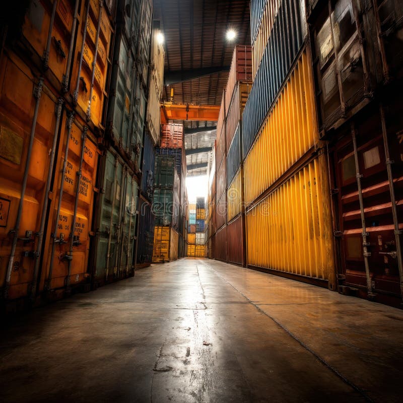 Narrow Pathway through Colorful Stacked Shipping Containers in ...