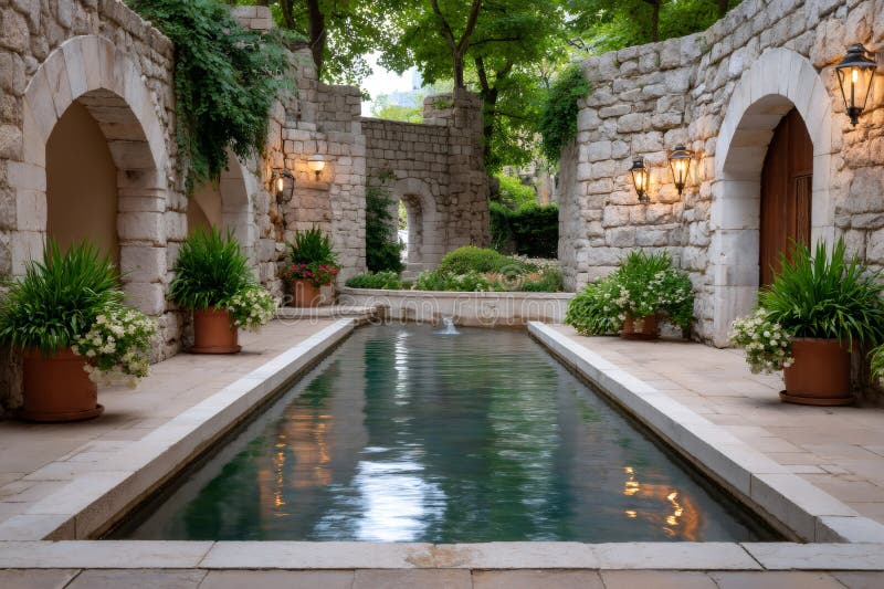 Narrow Reflecting Pool in a Stone Courtyard with Arches and Plants ...