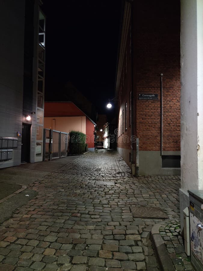 Narrow Road at Night with Light Stock Photo - Image of narrow, dark ...