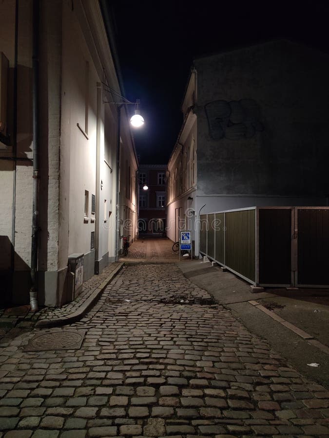 Narrow Road at Night with Light Stock Image - Image of night, street ...
