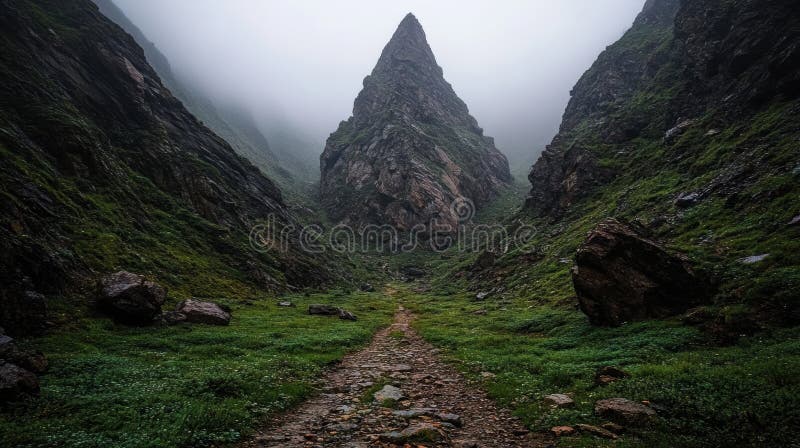 A Narrow, Rocky Path Winds through a Misty Mountain Pass, Leading To a ...