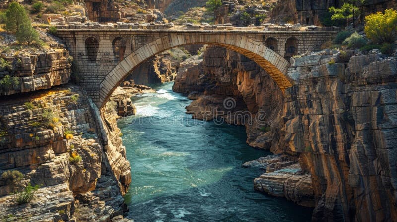 A Narrow Stone Bridge Spans Over a Rugged Canyon Formed by the Flow of ...