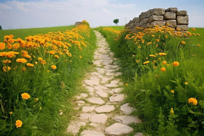 A Narrow Stone Path through Marigold Flowers Field Stock Illustration ...