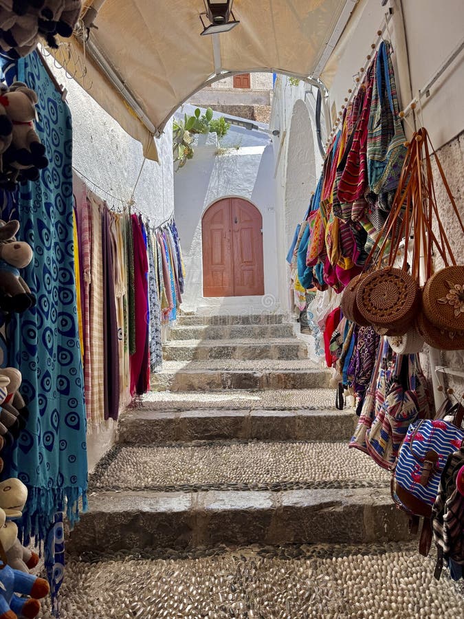 Market in Narrow Street of White Washed Village of Lindos Rhodes Greek ...