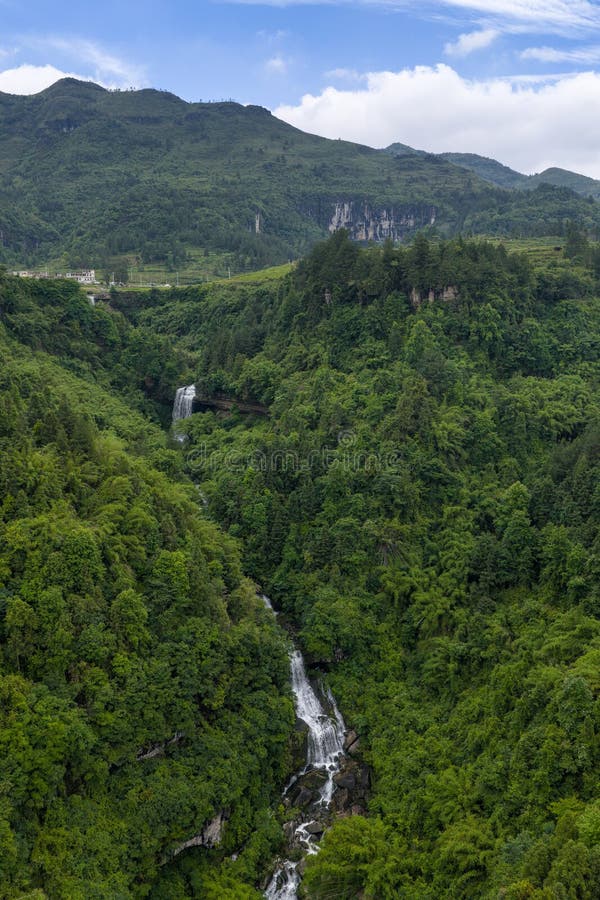 Mountainous Multi-tiered Waterfall Scenery Stock Image - Image of ...