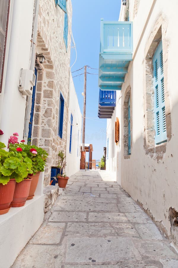 Romantic Street of Greek Island with Flowers Stock Photo - Image of ...