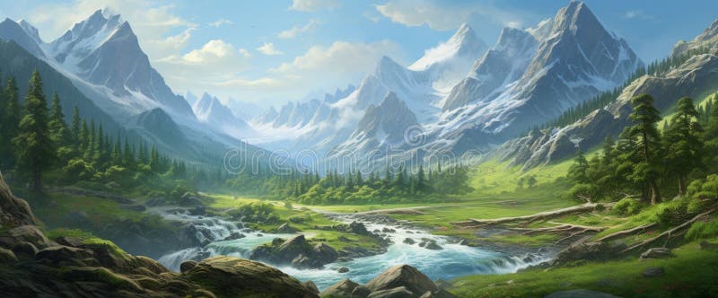 Narrow Valley with a River and Mountains Stock Illustration ...