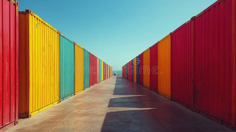 A Narrow Walkway between Rows of Brightly Colored Shipping Containers ...