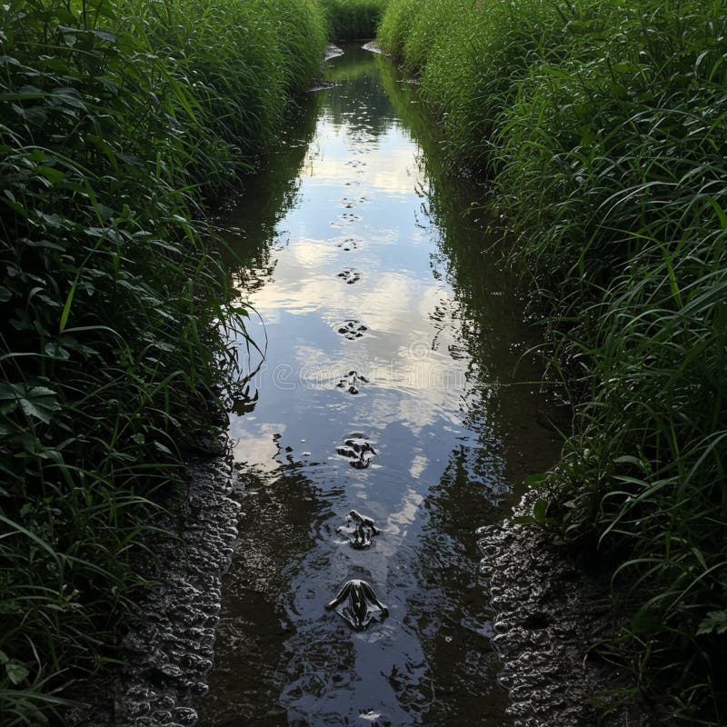 A Narrow, Water-filled Pathway Bordered by Lush, Tall Grass. the Sky S ...