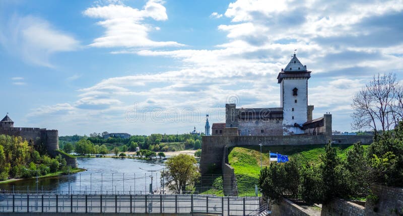 Narva River from Estonian Side with Flags Stock Photo - Image of plant ...