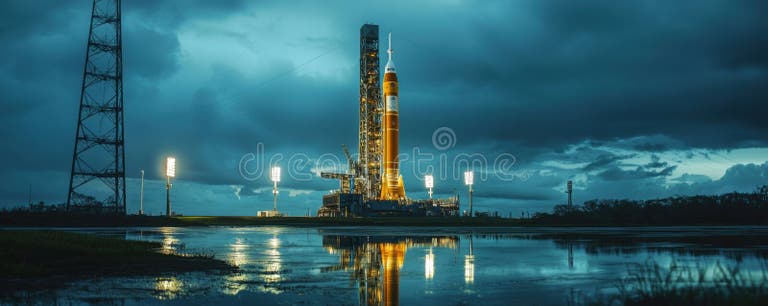 NASA SLS Rocket Illuminated on Launch Pad during Dramatic Evening Stock ...