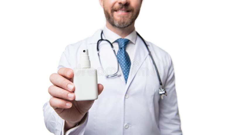 Nasal Medication. Doctor Hold Nasal Drop. Man with Nasal Spray Stock ...
