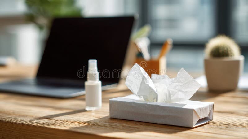 Nasal Spray and Tissue Packet on Office Desk during Remote Work Season ...