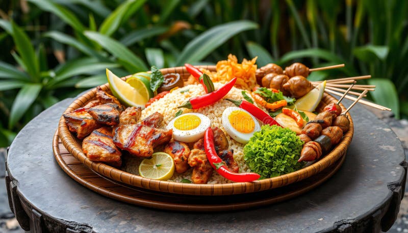 Traditional Balinese Meal, Nasi Campur in Bamboo Plate Delight Stock ...