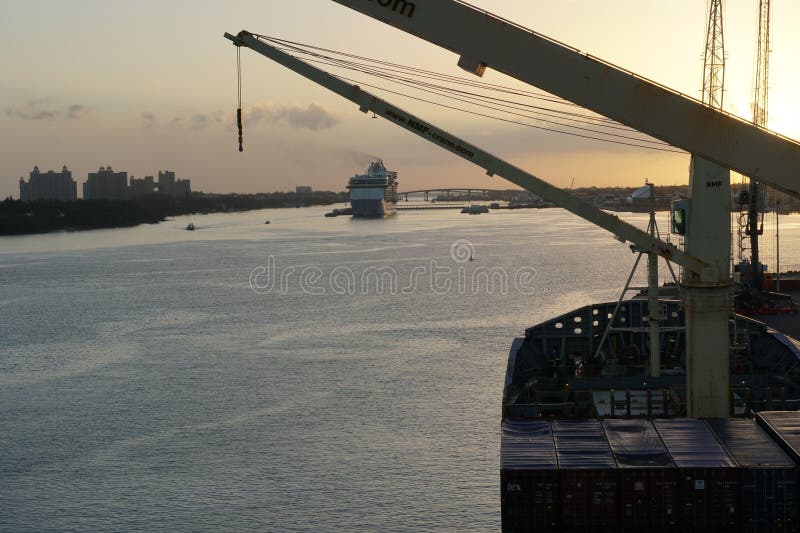 Container Vessel Equipped with Ship Cranes during Cargo Operation in ... Container Vessel Equipped with Ship Cranes during Cargo Operation in ...