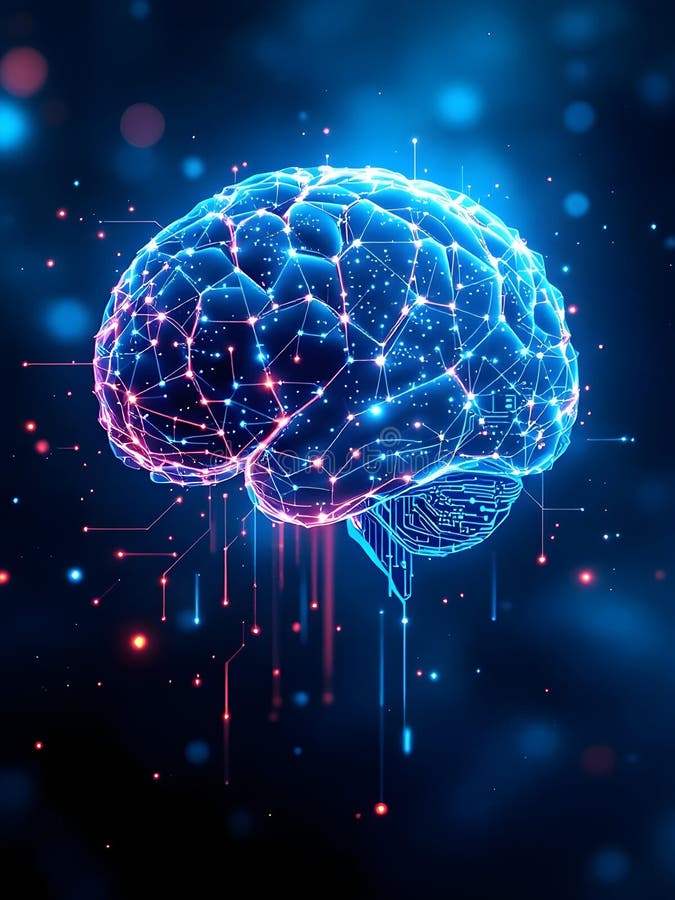 National Ai Day, Glowing Blue Brain with Circuit Patterns on a Dark Background with Abstract ...