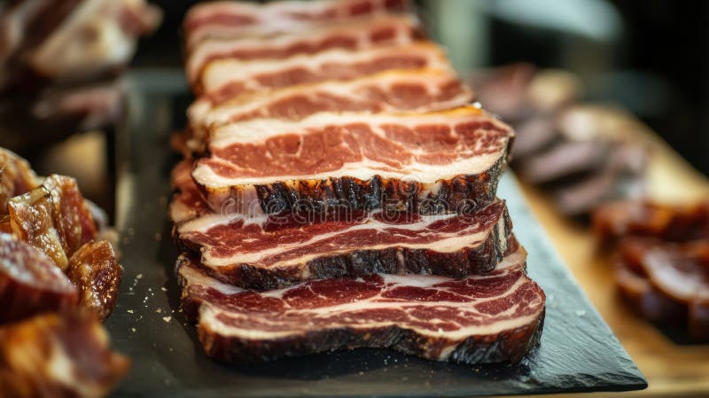 National Bacon Day Sliced Cured Meat Display on Rustic Slate Platter ...
