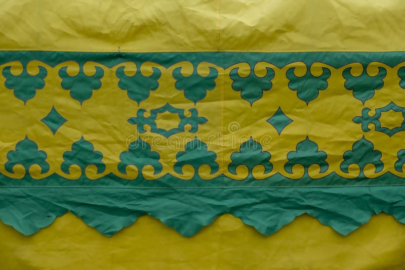 National Bashkir Pattern Green on Yellow Fabric Stock Image - Image of ...