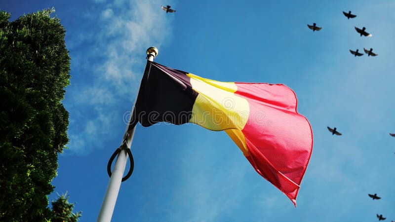 National Belgium Flag Waving Against Sky Background Stock Photo - Image ...