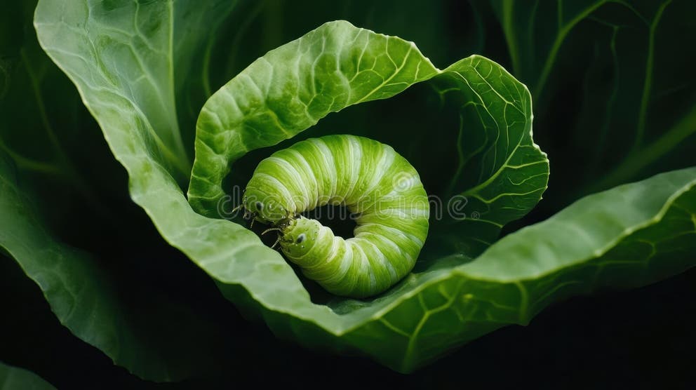 National Cabbage Day Green Caterpillar Resting on Leafy Cabbage Stock ...