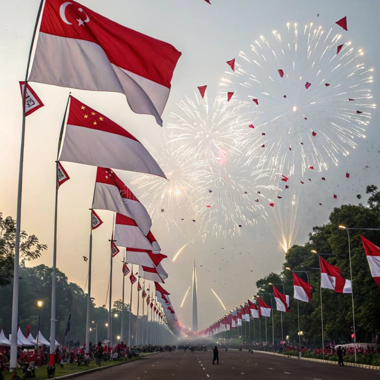 National Celebration with Flags and Fireworks. Rows of Flags Line a ...