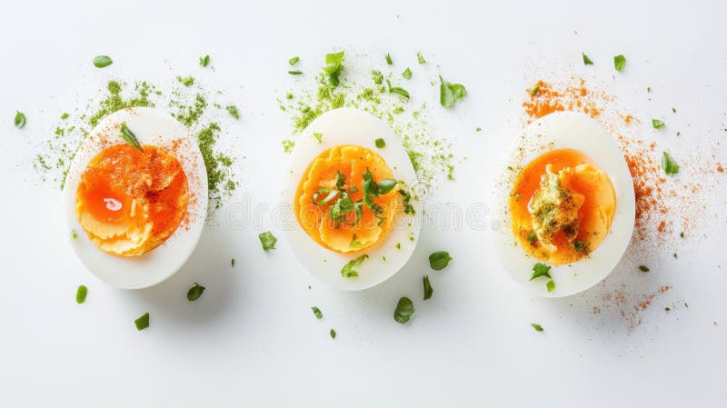 National Deviled Egg Day Three Colorful Half-boiled Eggs with Herbs and ...