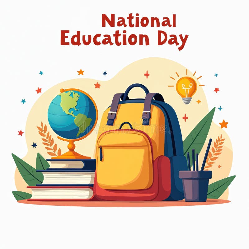National Education Day Illustration with Books, Globe, Backpack ...
