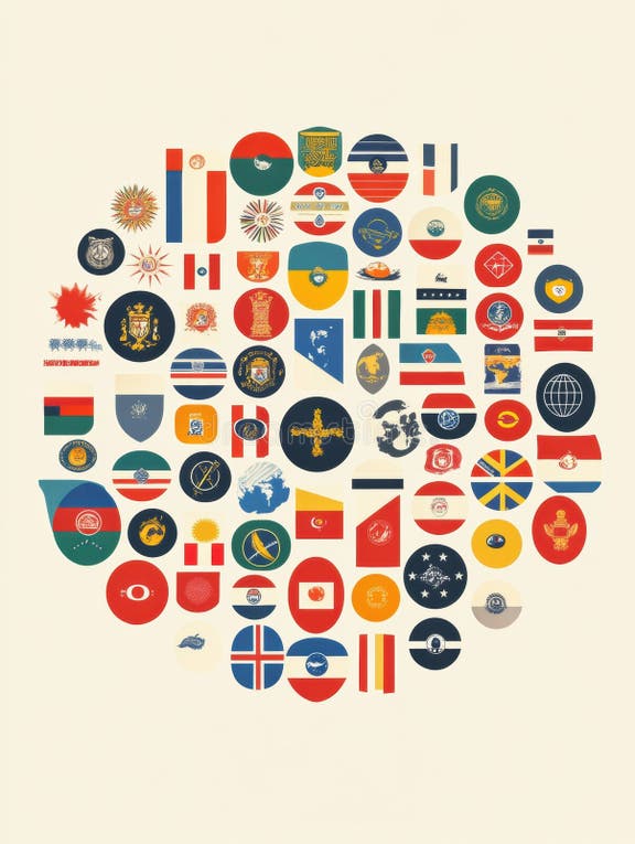 National Emblems and Flags Arranged in a Circular Layout Representing ...