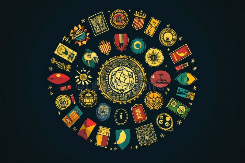 National Emblems and Flags Arranged in a Round Layout Symbolizing Unity ...