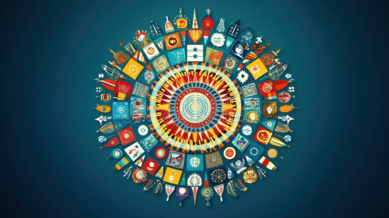 Various National Emblems and Flags Arranged in a Round Layout Promoting ...