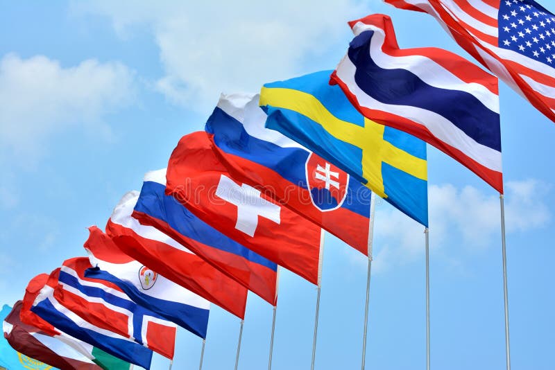 Countries flags flying stock image. Image of develop - 17690155