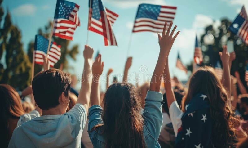 National Holiday Celebration, People Waving USA Flags Stock ...