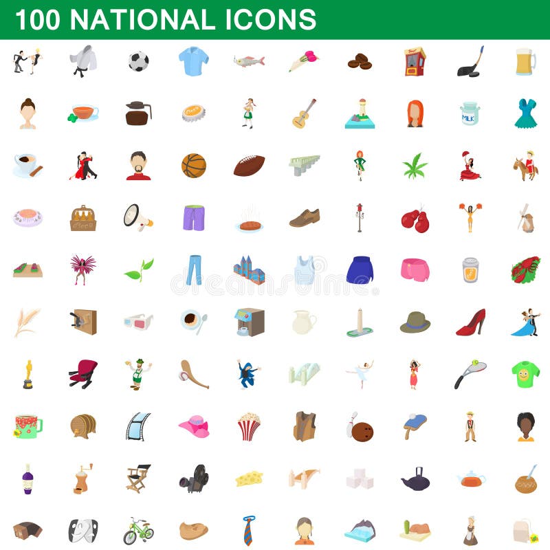 100 National Icons Set, Cartoon Style Stock Vector - Illustration of ...