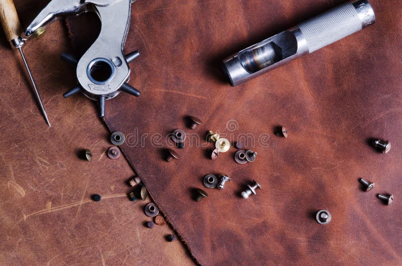 NATIONAL LEATHERCRAFT DAY. Leather Craft Tools on Big Peace of Leather ...