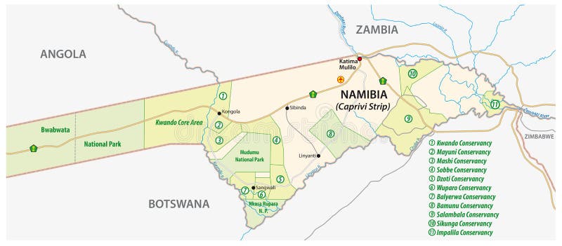 National Park and Conservancy Map of the Caprivi Strip in the North ...