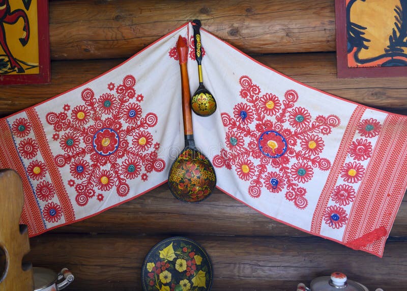 National Russian Patterns on Wooden Spoons and Embroidered Towel Stock ...