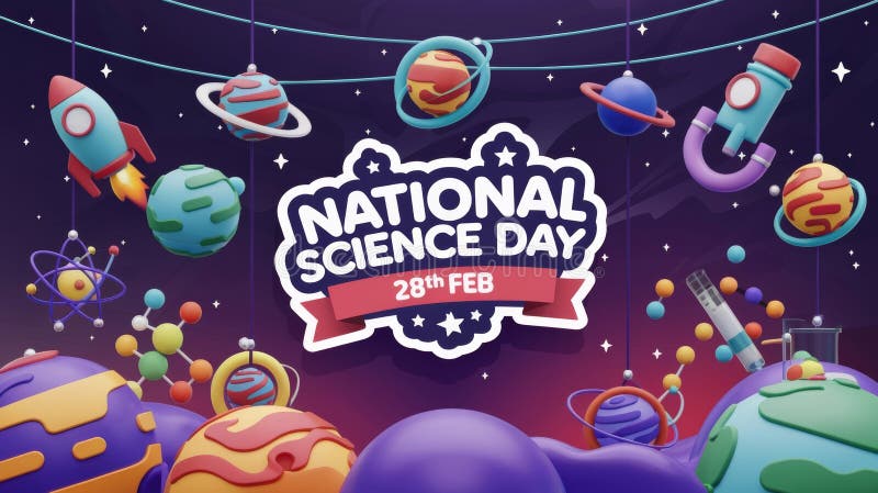 National Science Day 3D Illustration with Planets Rocket and Science ...