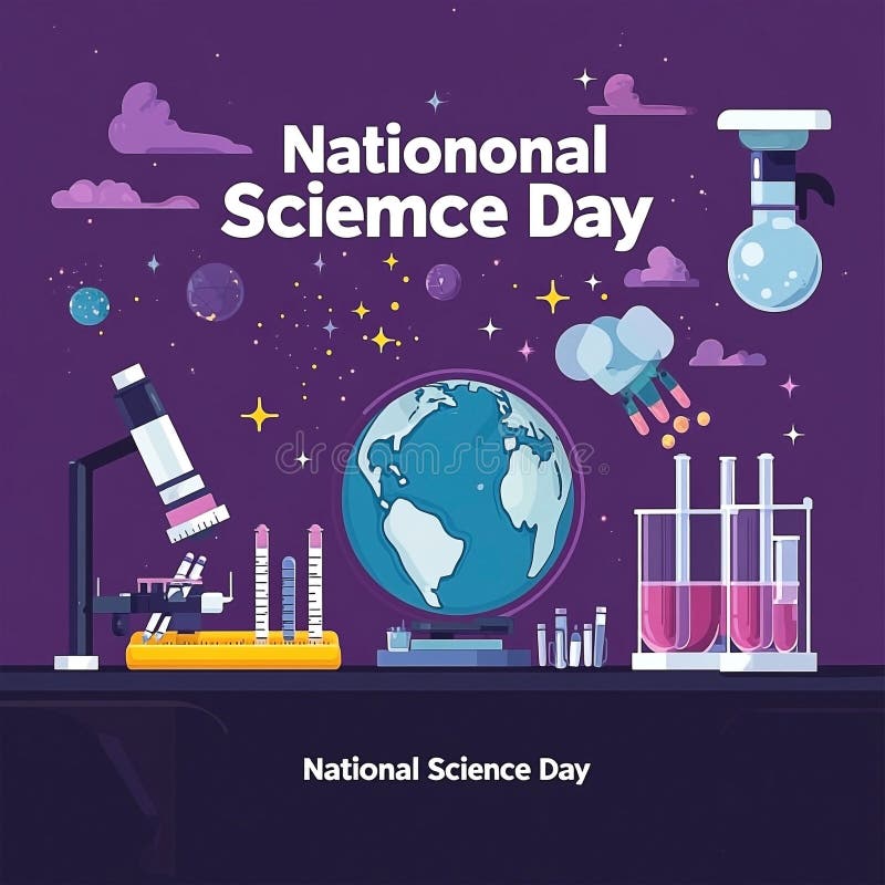 National Science Day Poster with Lab Equipment, Planet Earth, and Space ...