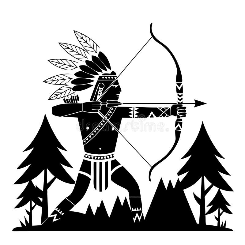 Native American Archer Silhouette with Bow and Arrow in Forest Vector ...