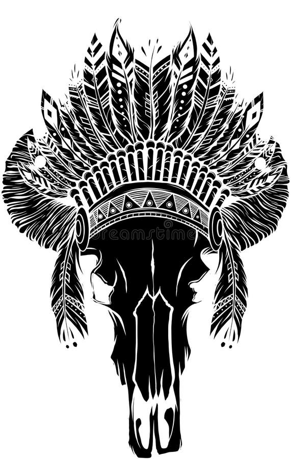 Vector Black Silhouette of Native American Bull Skull with Feathers ...