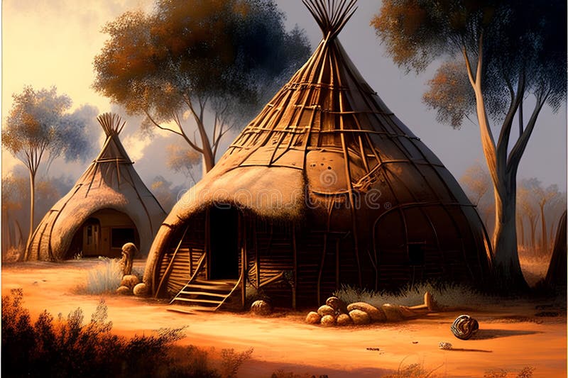 Native American Hut in the Savannah, Digital Painting Illustration ...