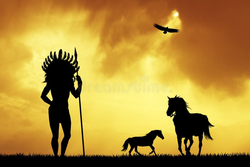 Native American Indian at Sunset Stock Illustration - Illustration of ...